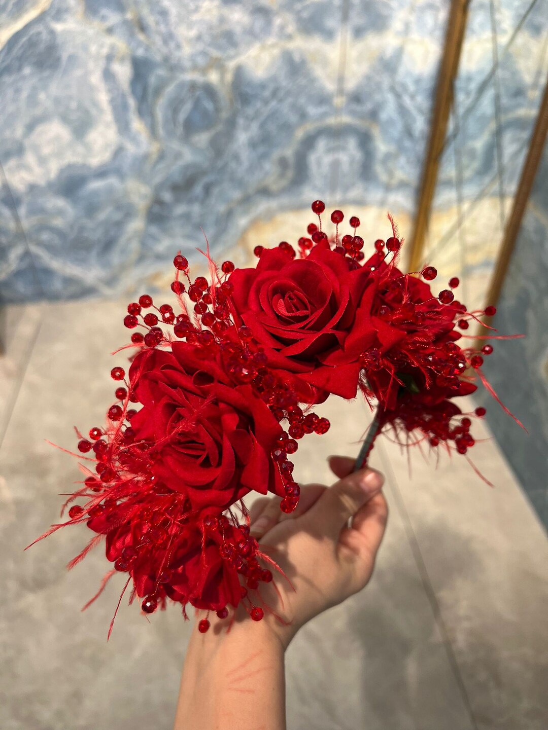 Red Velvet Rose Flower Crown, Floral Bridal Tiara | Handcrafted Mexican ...