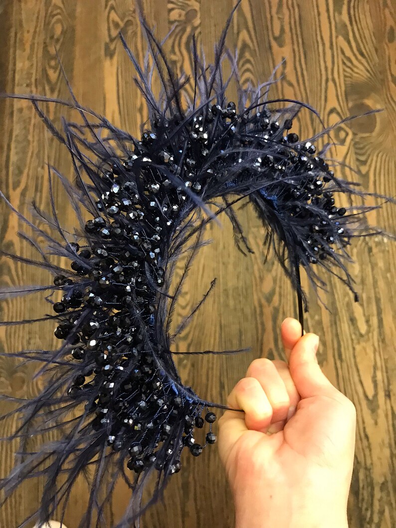 Navy Blue Crystal Tiara, Dark Blue Bridal Headpiece, Navy Blue Feather ...