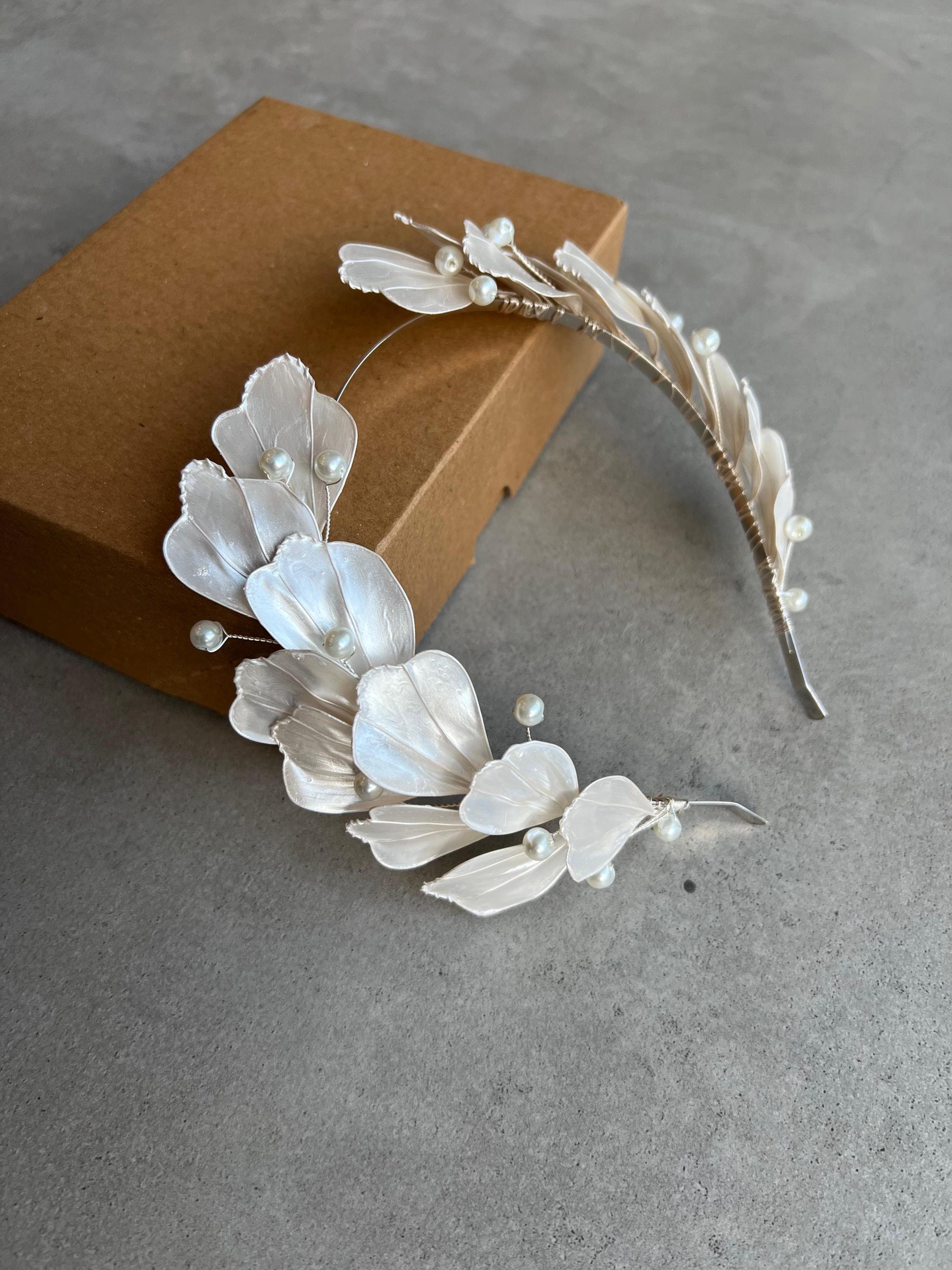 Helen Style Floral Bridal Crown With Pearls & Leaves – Bohemian ...