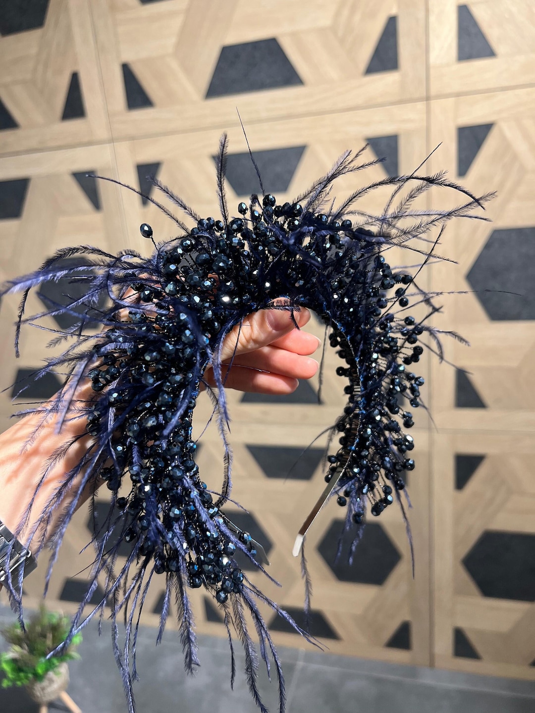 Navy Blue Crystal Tiara, Dark Blue Bridal Headpiece, Navy Blue Feather ...