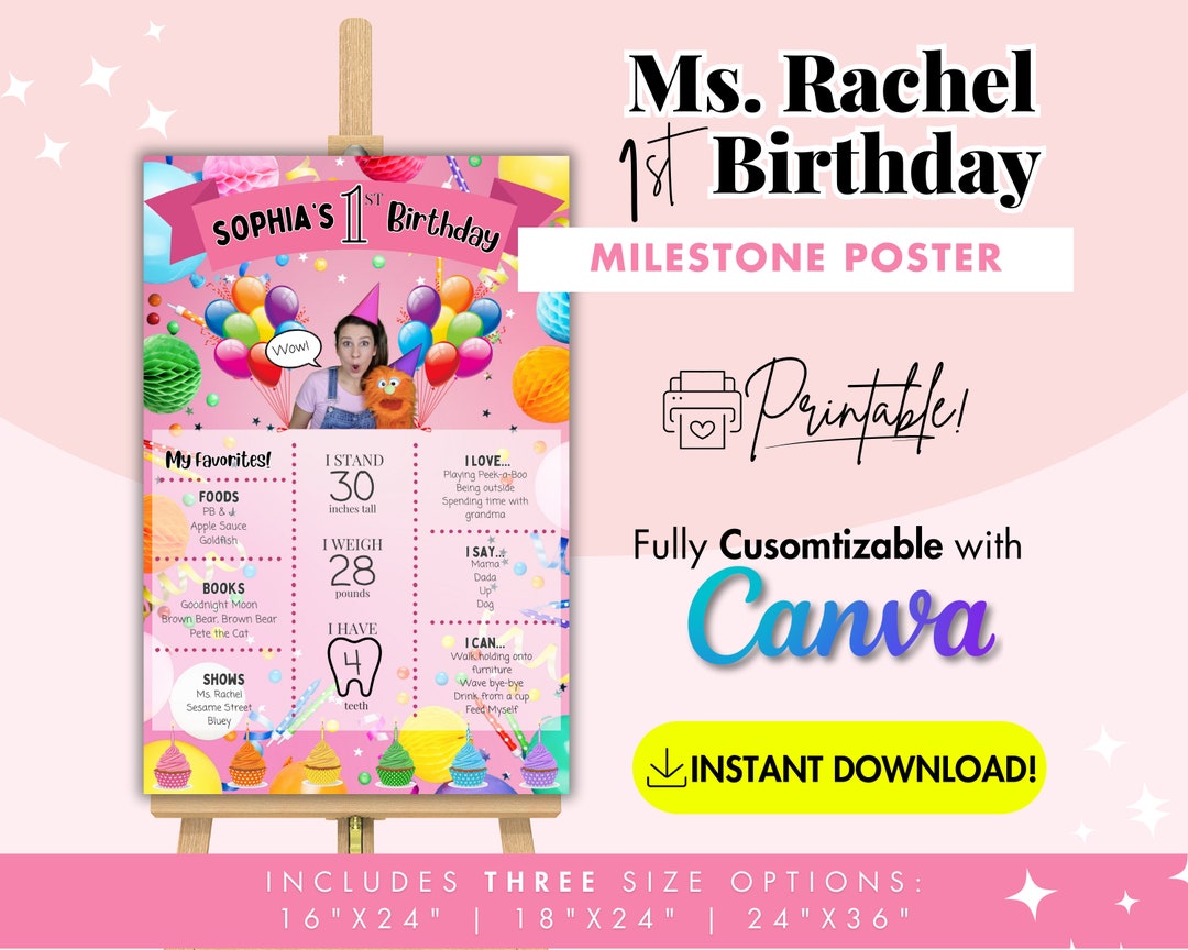 Pink Ms. Rachel Theme Birthday Milestone Poster Template | Editable ...