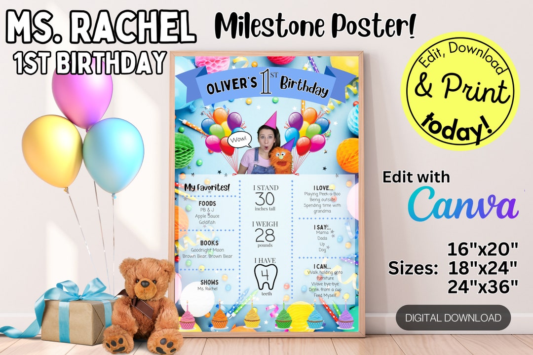 Ms. Rachel First Birthday Milestone Poster: Record, Display & Cherish ...
