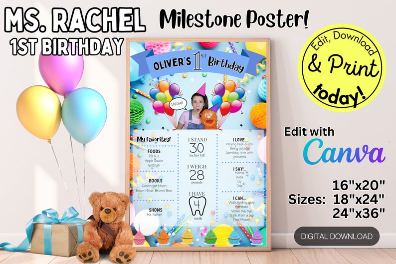 Ms. Rachel First Birthday Milestone Poster: Record, Display & Cherish ...