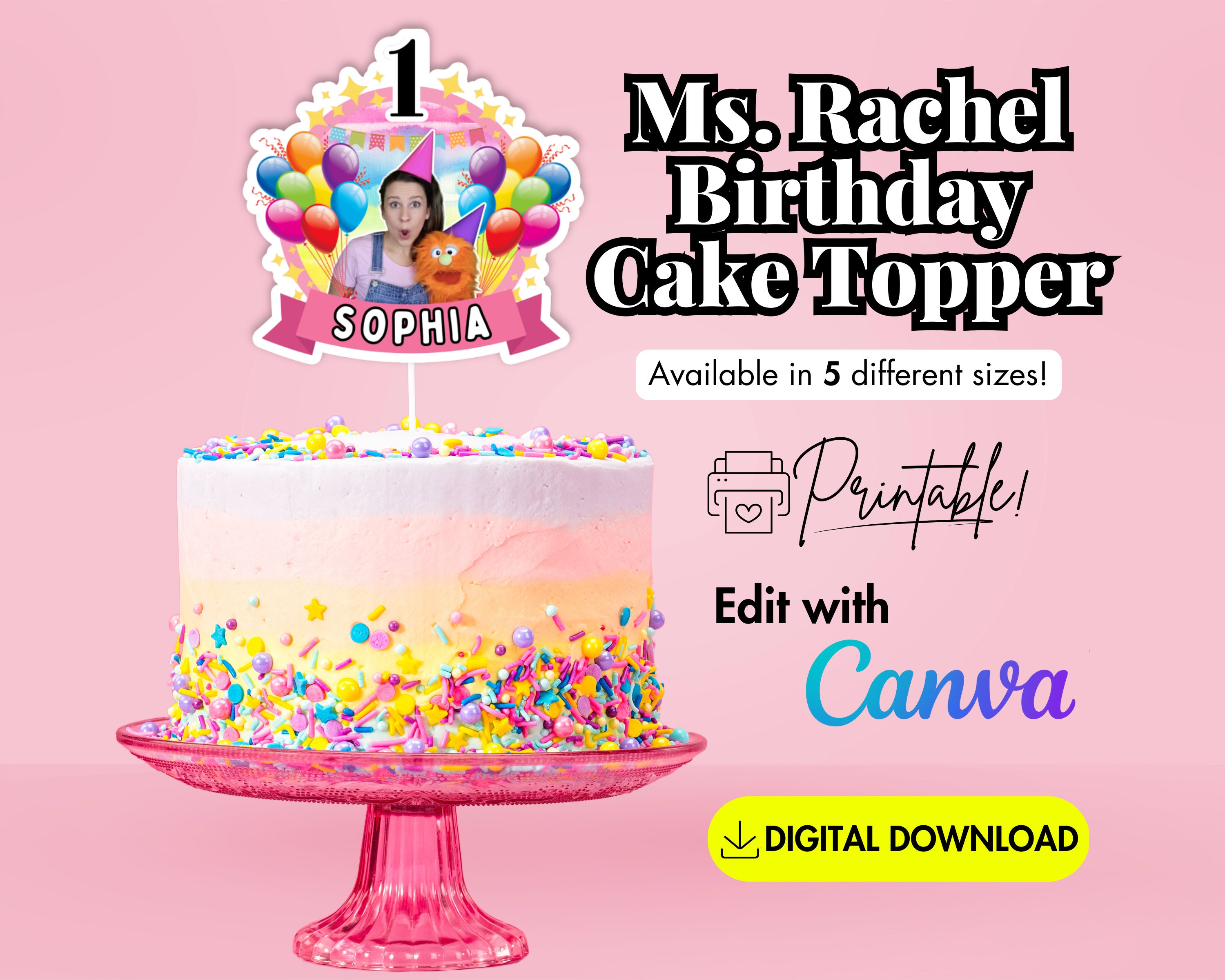 Pink Ms. Rachel Birthday Cake Topper: Editable Party Decoration ...