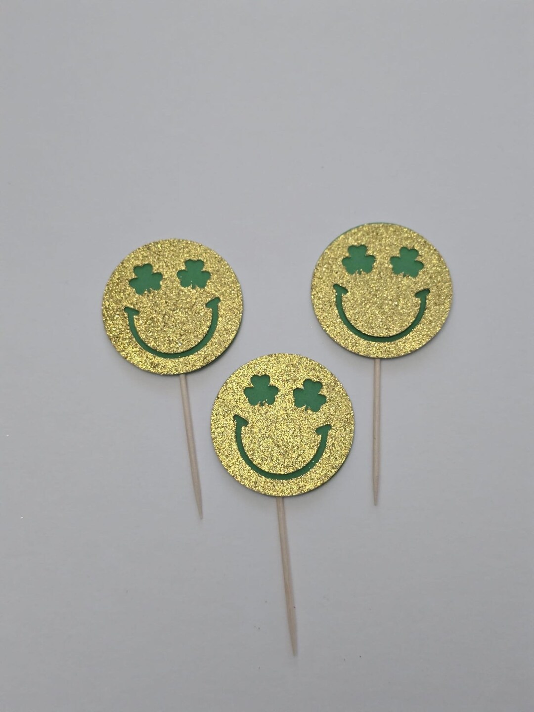 St. Patricks Day Shamrock Cupcake Toppers: Gold Glitter Smile - Set of ...