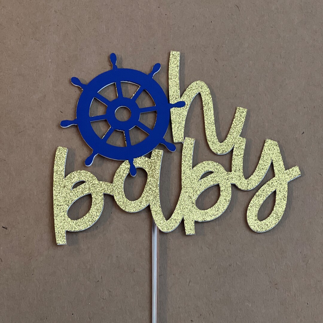 Nautical Baby Shower Cake Topper: Gold Glitter, Blue Ship Wheel - Etsy