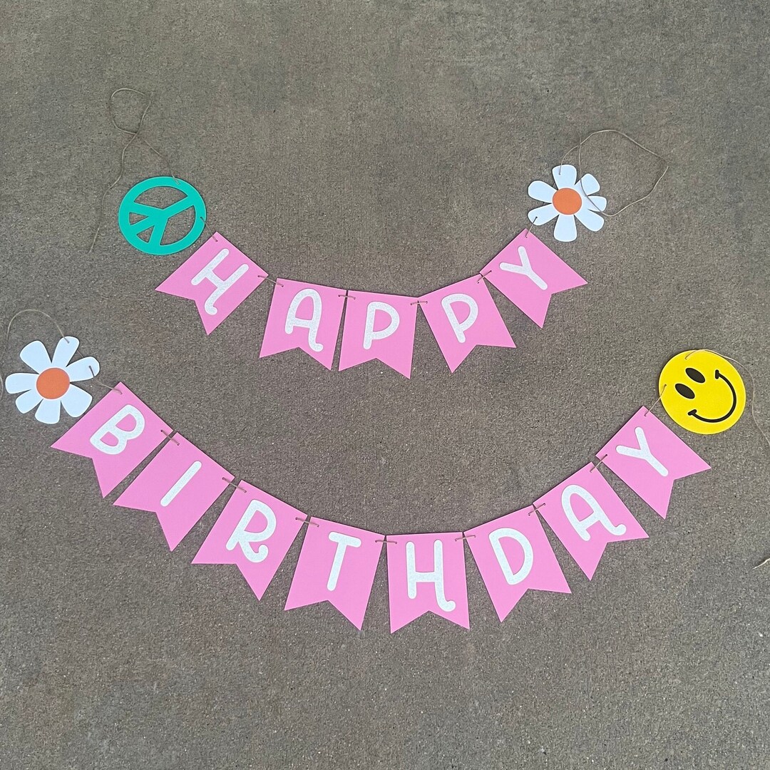 Pink Banner, Groovy Birthday Banner, Peace Banner, Happy Face Banner ...