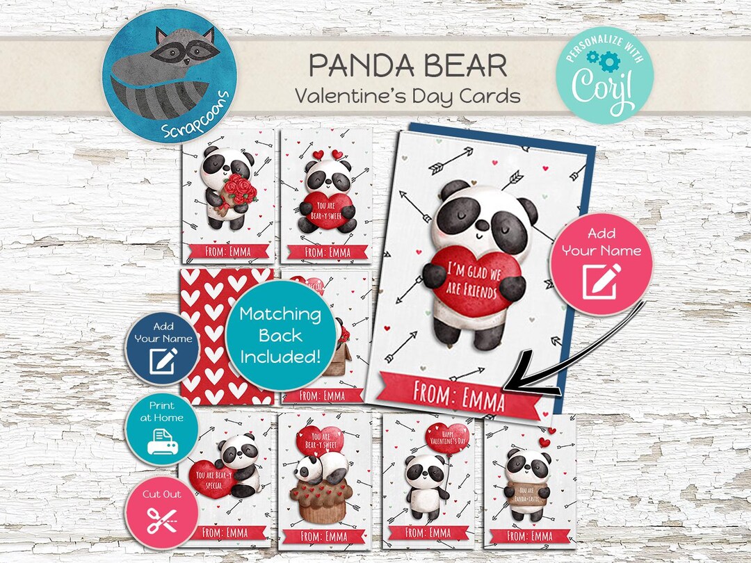 Panda Valentine's Day Cards - Print at Home Digital Download, Customize ...