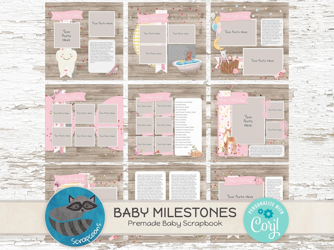 Baby Girl Milestone Book Printable: Pink First Year Memory Pages 12x12 ...