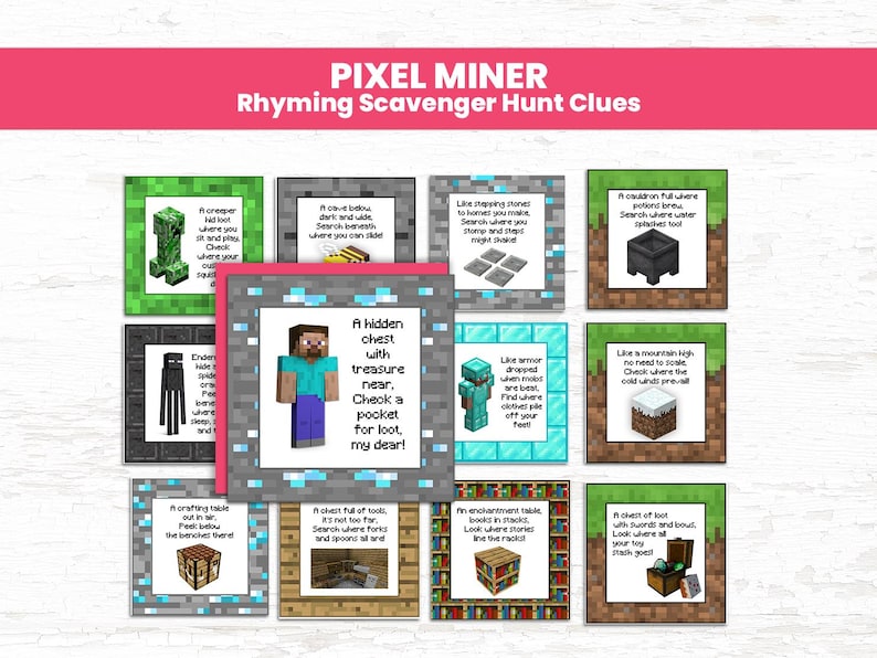 Pixel Miner Scavenger Hunt Printable, Minecraft Party Game, Indoor ...