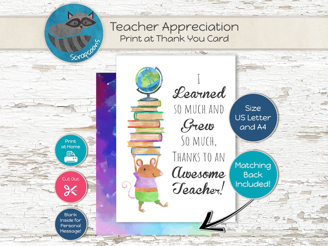 Teacher Appreciation Card, Printable Elementary Teacher Gift - Etsy