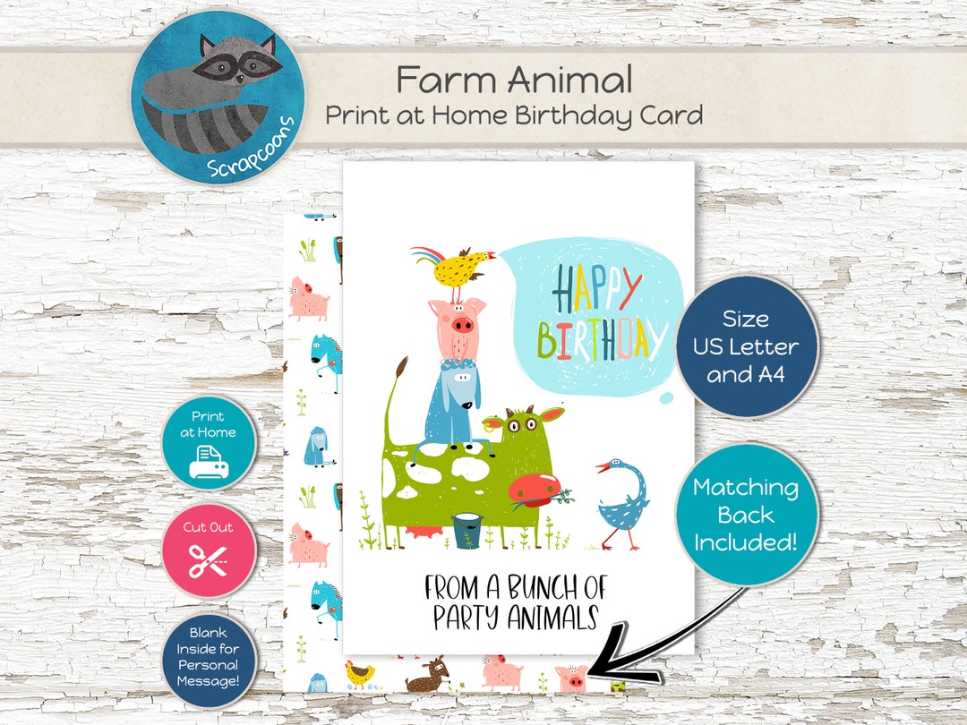 Fun Farm Animal Birthday Card - Instant Download Printable - Etsy