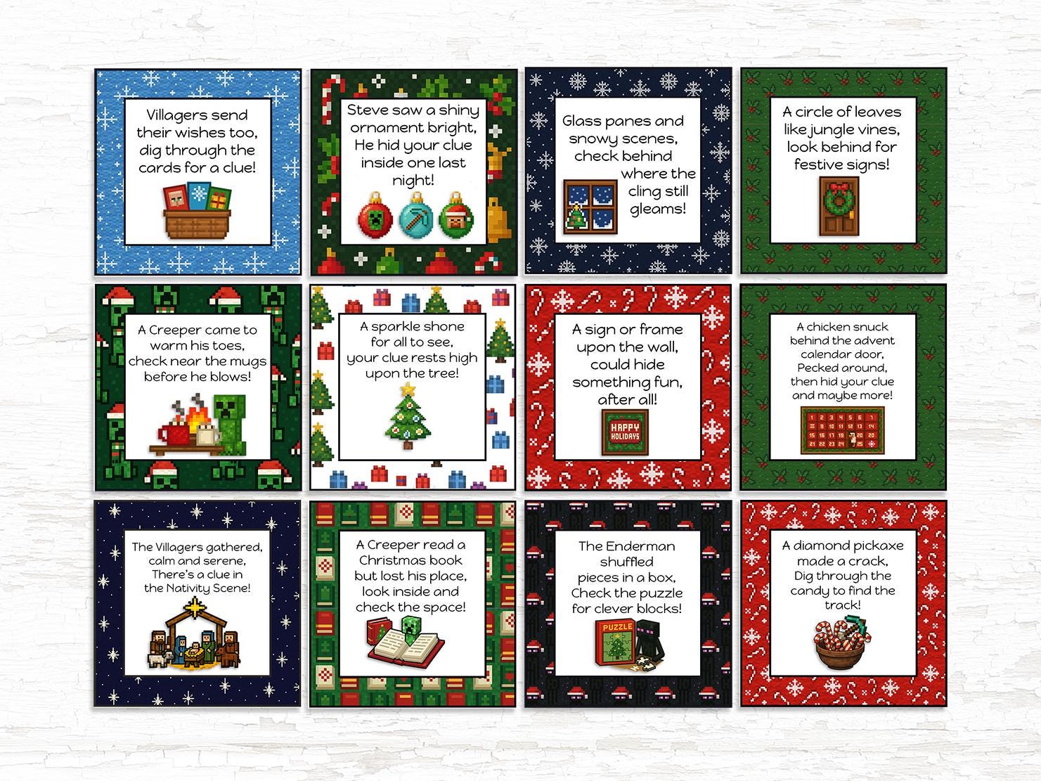 Christmas Pixel Miner Scavenger Hunt Cards: Printable Rhyming Clues for ...