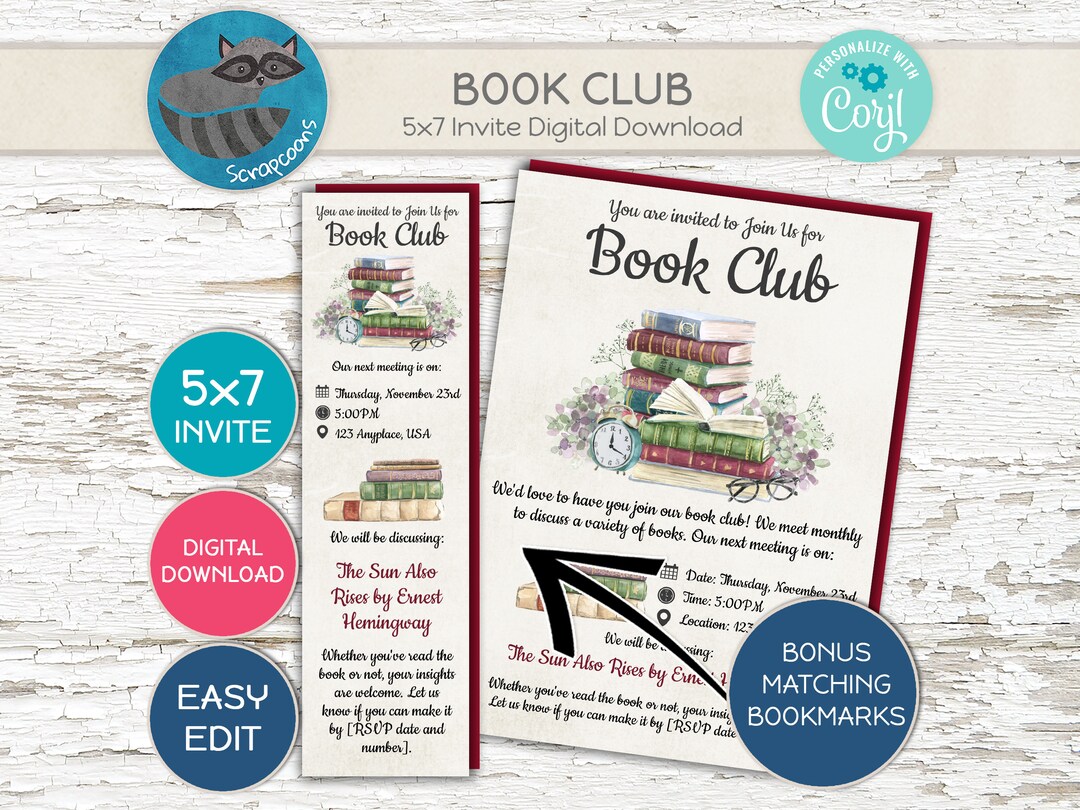 Book Club Invite & Custom Bookmark Combo - Etsy