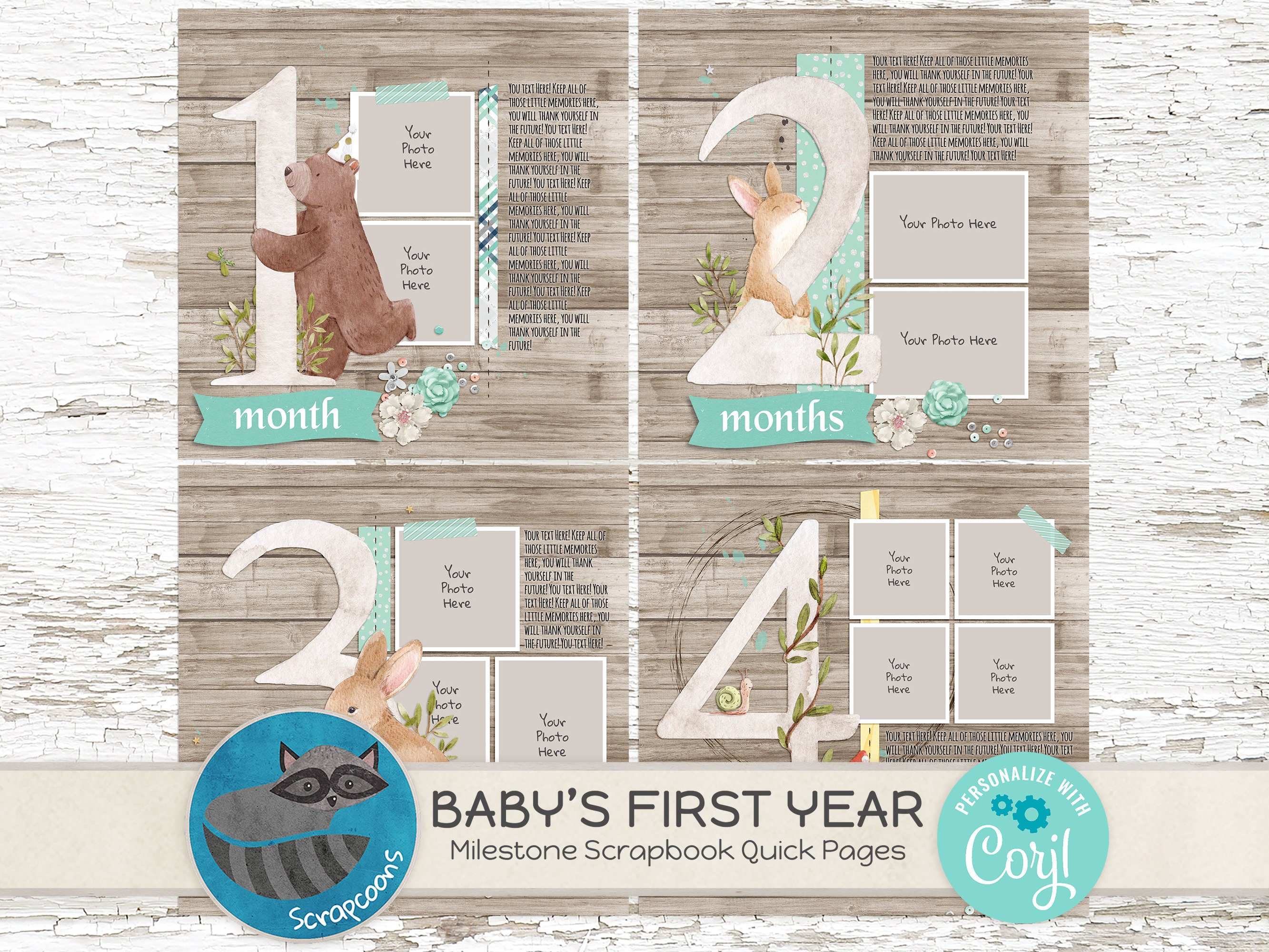 Baby's 1st Year Scrapbook Pages - Monthly Templates for DIY Baby Memory ...
