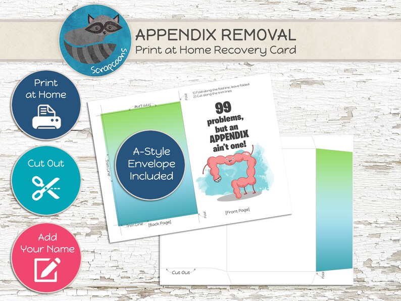 Funny Appendix Removal Surgery Card and Envelope Printable - Etsy