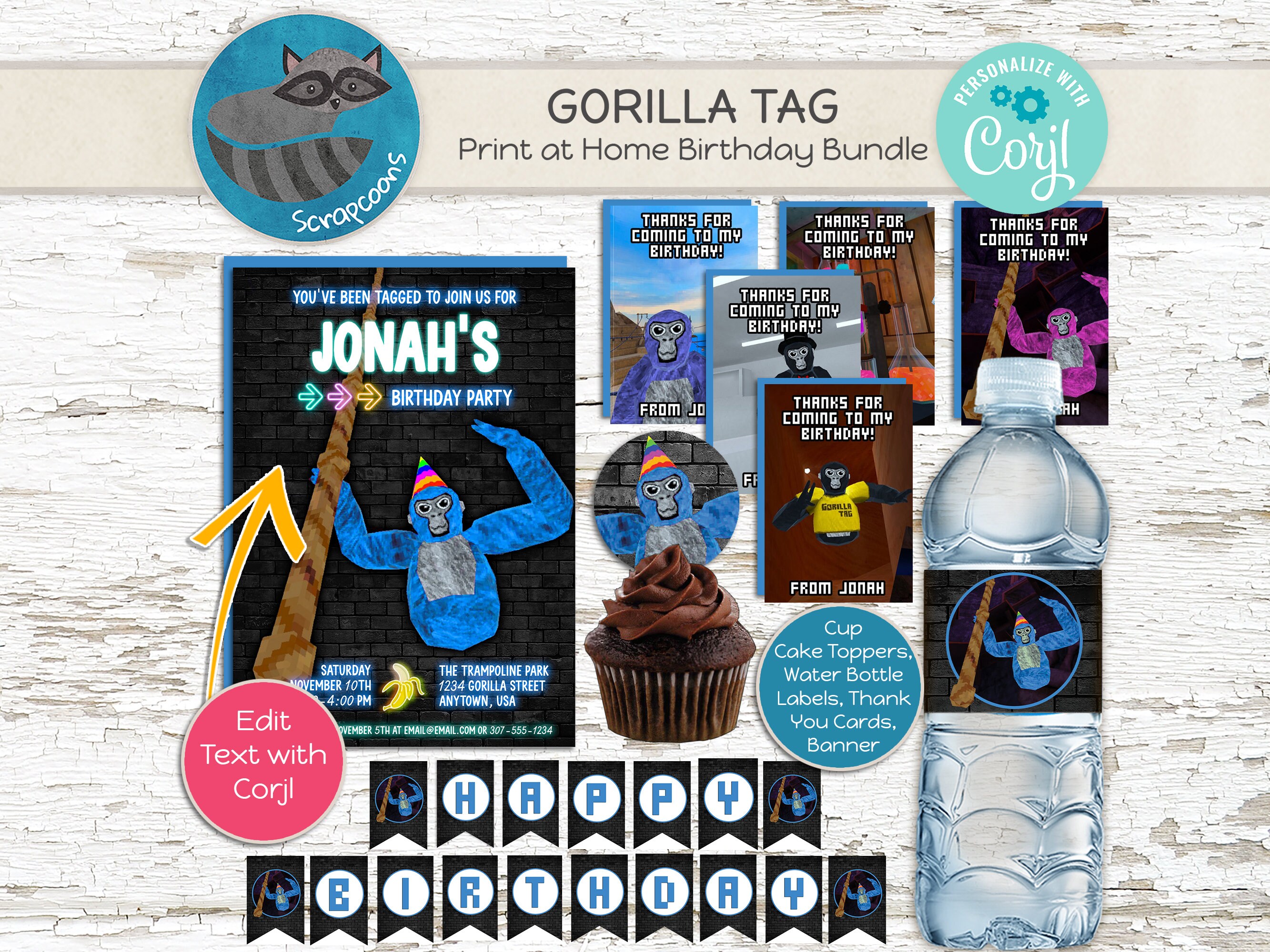 Gorilla Tag Birthday Bundle - Print at Home Invite, Water Bottle Labels ...
