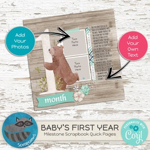 Baby's 1st Year Scrapbook Pages - Monthly Templates for DIY Baby Memory ...