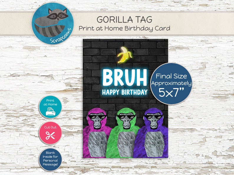Gorilla Tag Birthday Card With Envelope, Print at Home Card - Etsy