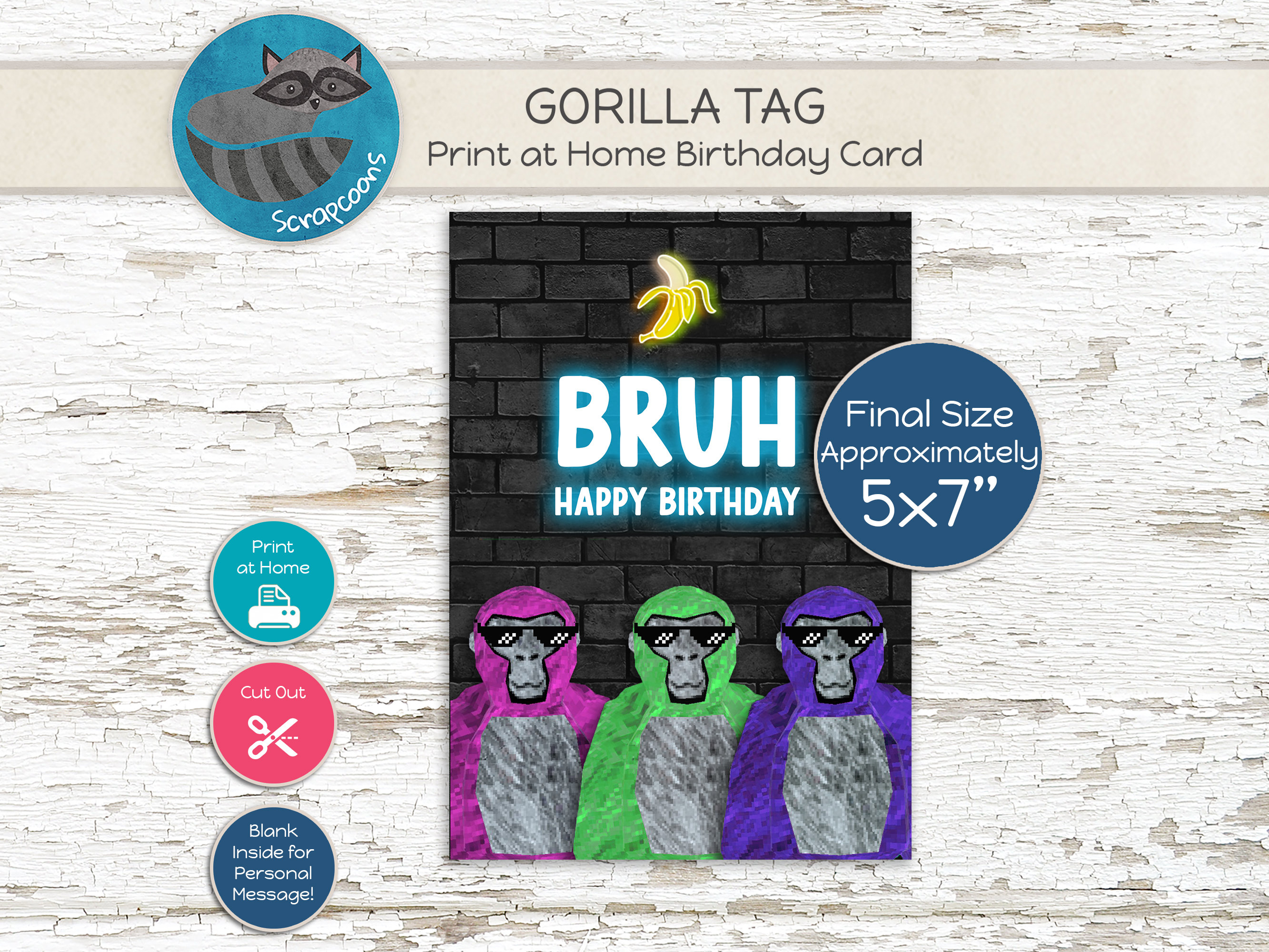 Gorilla Tag Birthday Card With Envelope, Print at Home Card - Etsy