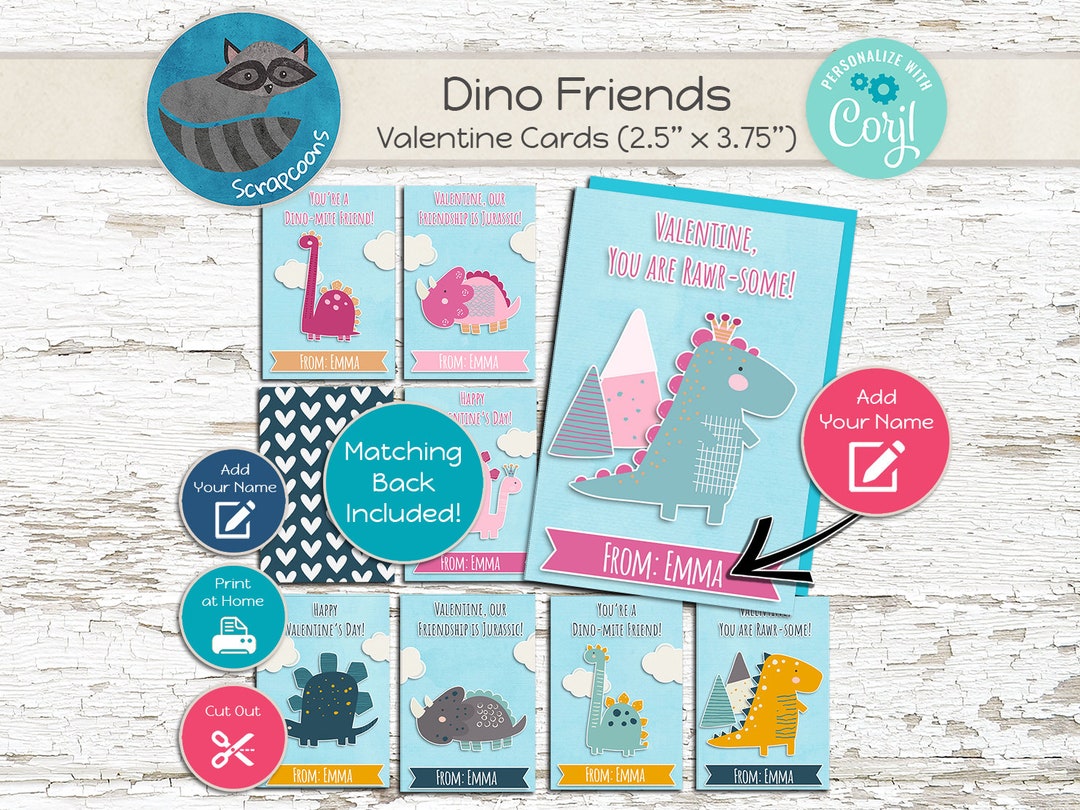 Dinosaur Valentine Day Cards - Print at Home Digital Download ...