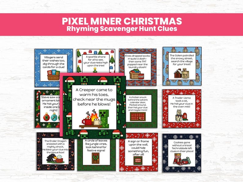 Christmas Pixel Miner Scavenger Hunt Cards: Printable Rhyming Clues for ...