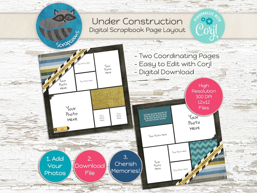Construction Theme Scrapbook Page, Digital Editable 12x12 Boy Memory ...