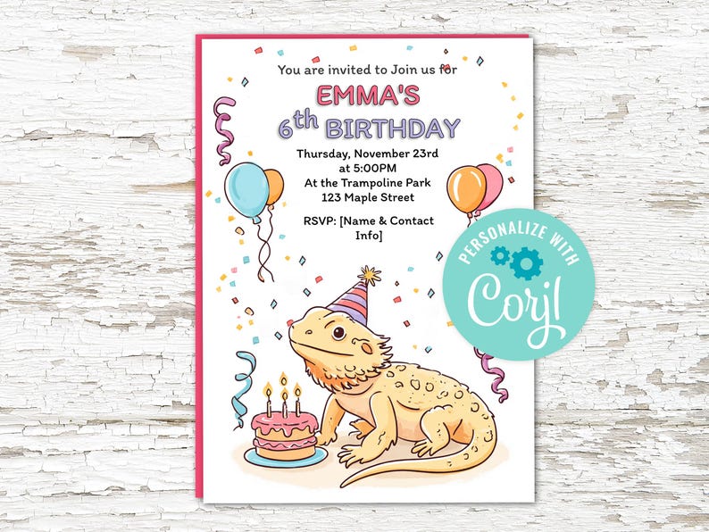 Bearded Dragon Birthday Invitation 5x7: Pink Girl Reptile Party ...