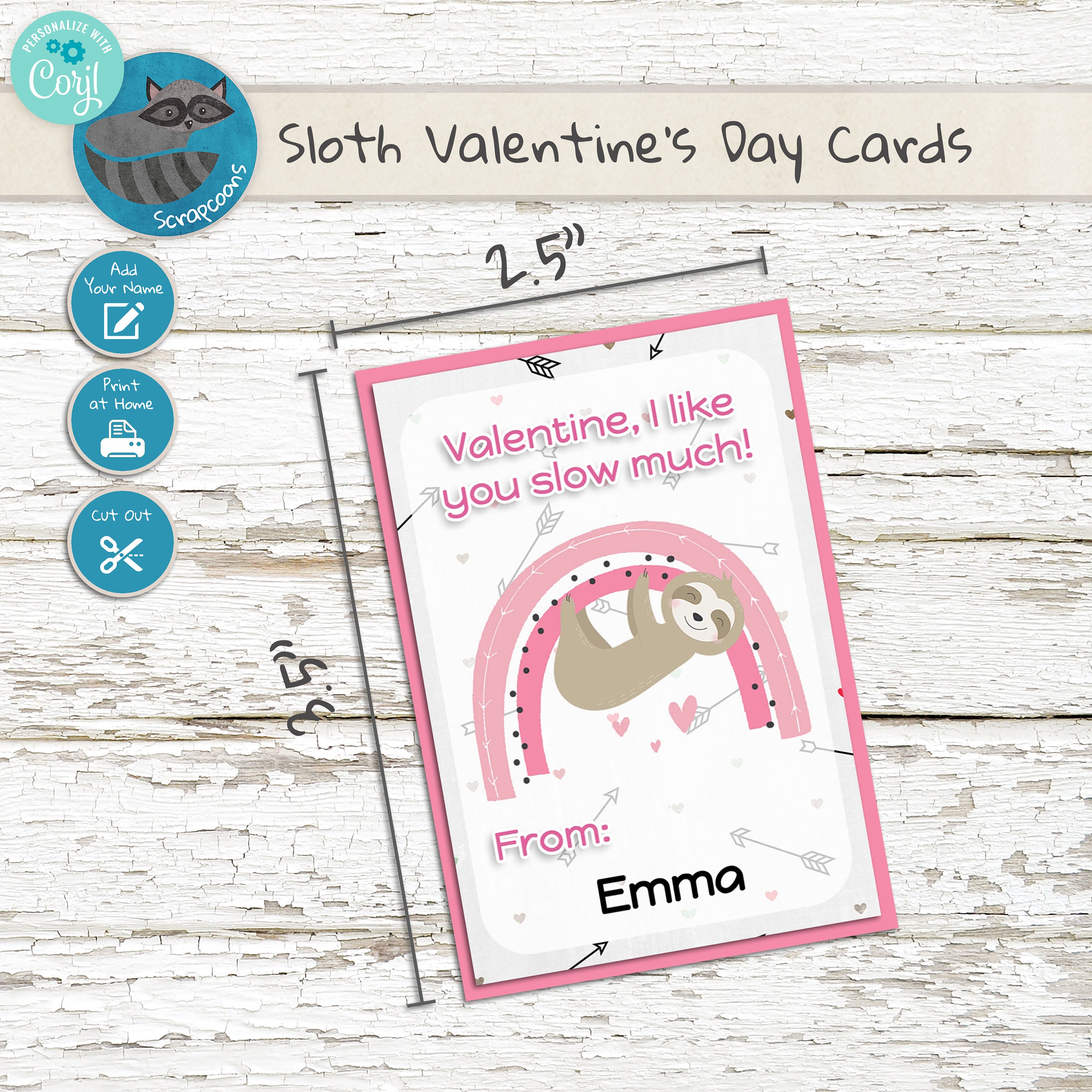 Sloth Valentine's Day Cards - Instant Digital Download, Personalize and ...