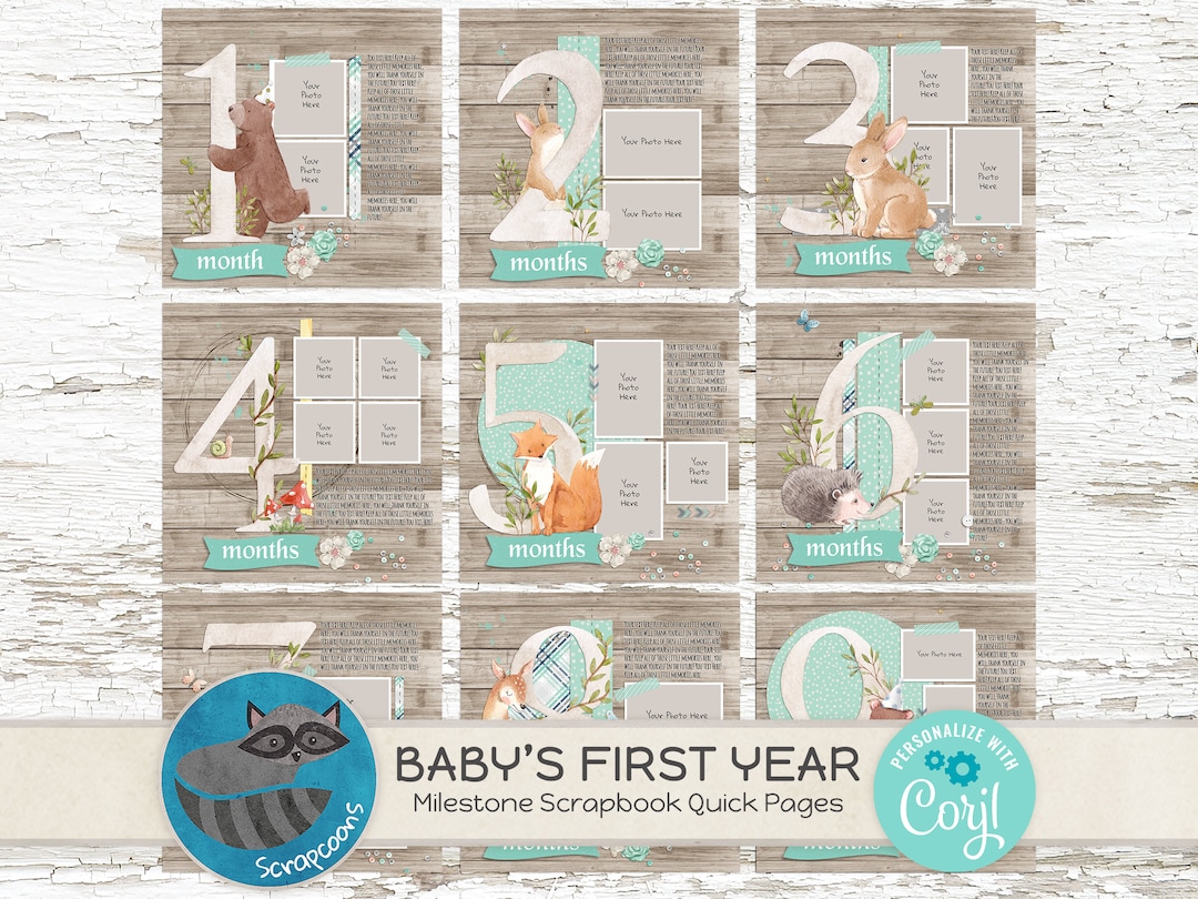 Baby's 1st Year Scrapbook Pages - Monthly Templates for DIY Baby Memory ...