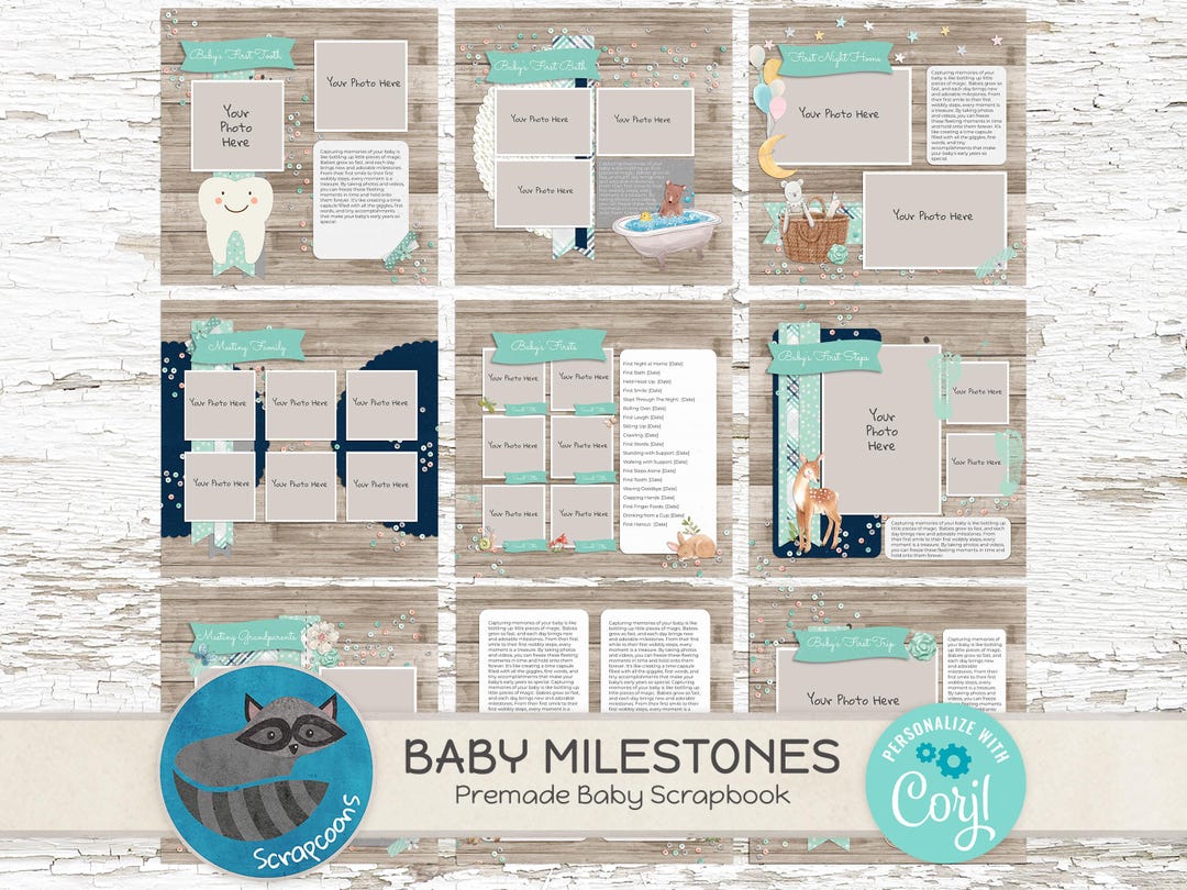 Baby Milestone Memory Scrapbook Pages Set - 9 Pages for First Tooth ...
