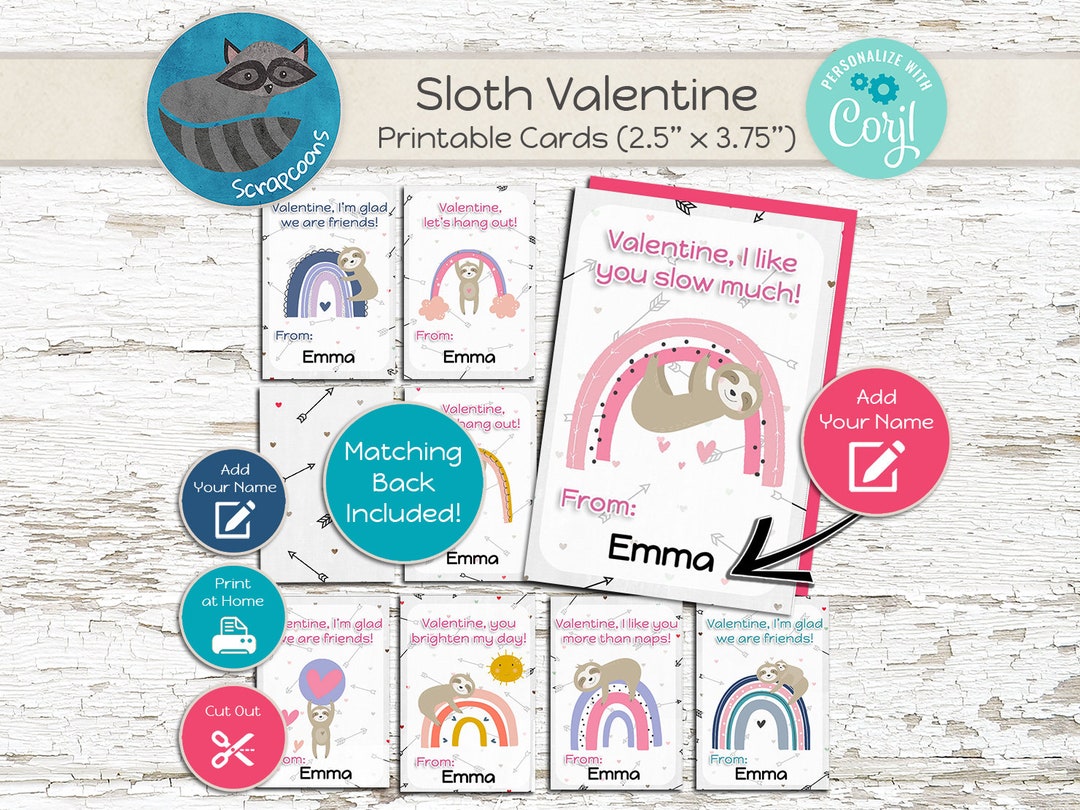 Sloth Valentine's Day Cards - Instant Digital Download, Personalize and ...