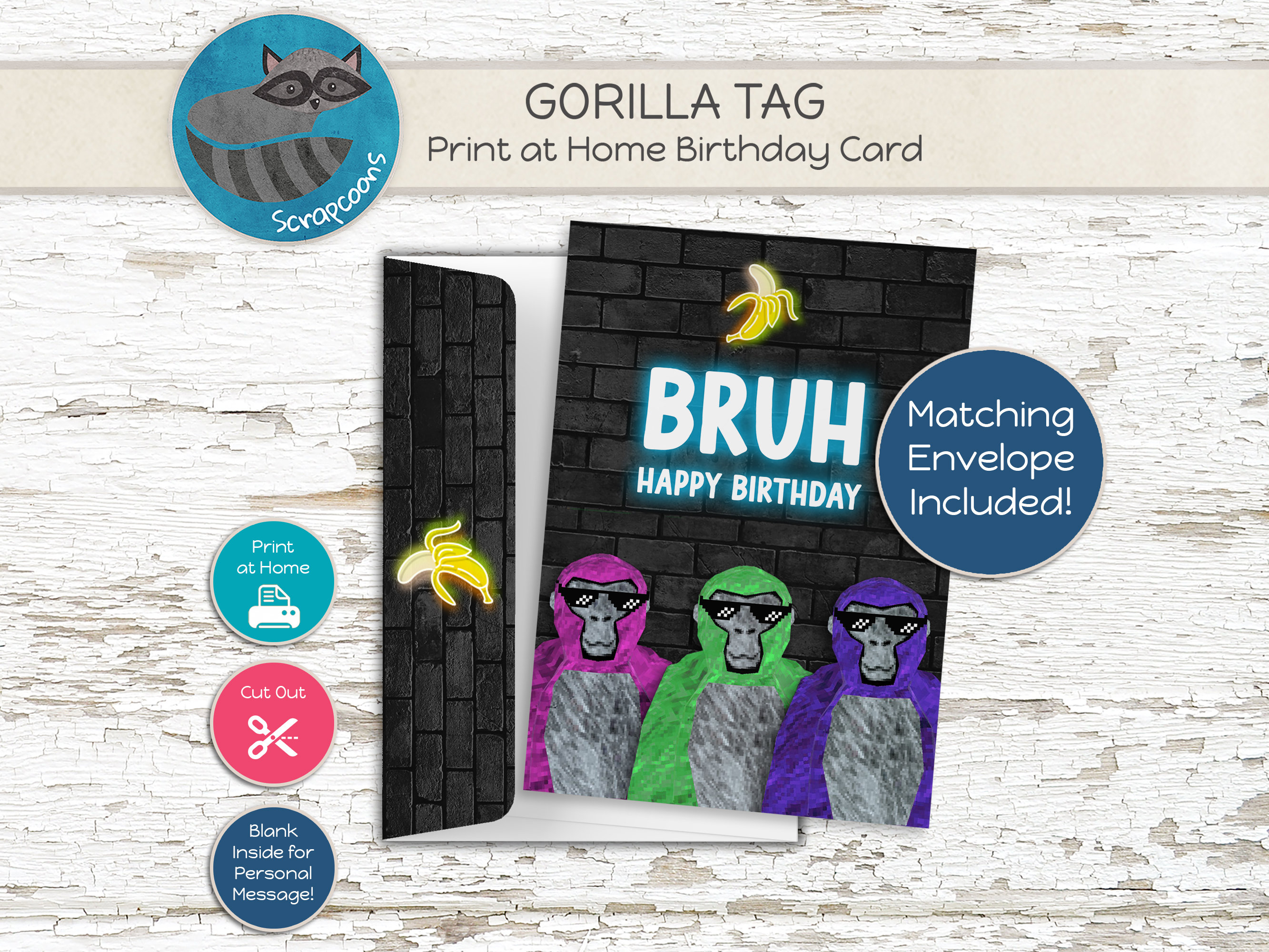 Gorilla Tag Birthday Card With Envelope, Print at Home Card - Etsy