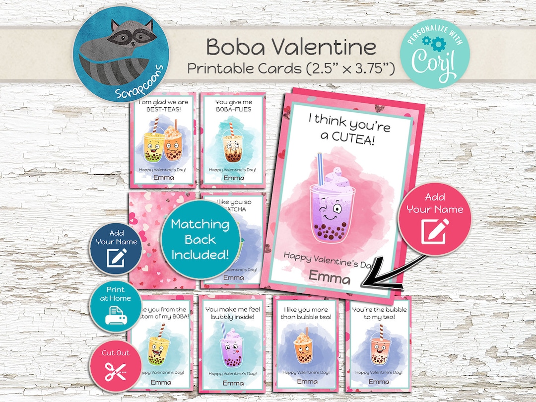 Boba Valentine's Day Cards - Instant Digital Download, Personalize With ...