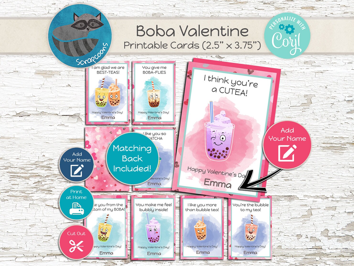 Boba Valentine's Day Cards - Instant Digital Download, Personalize With ...