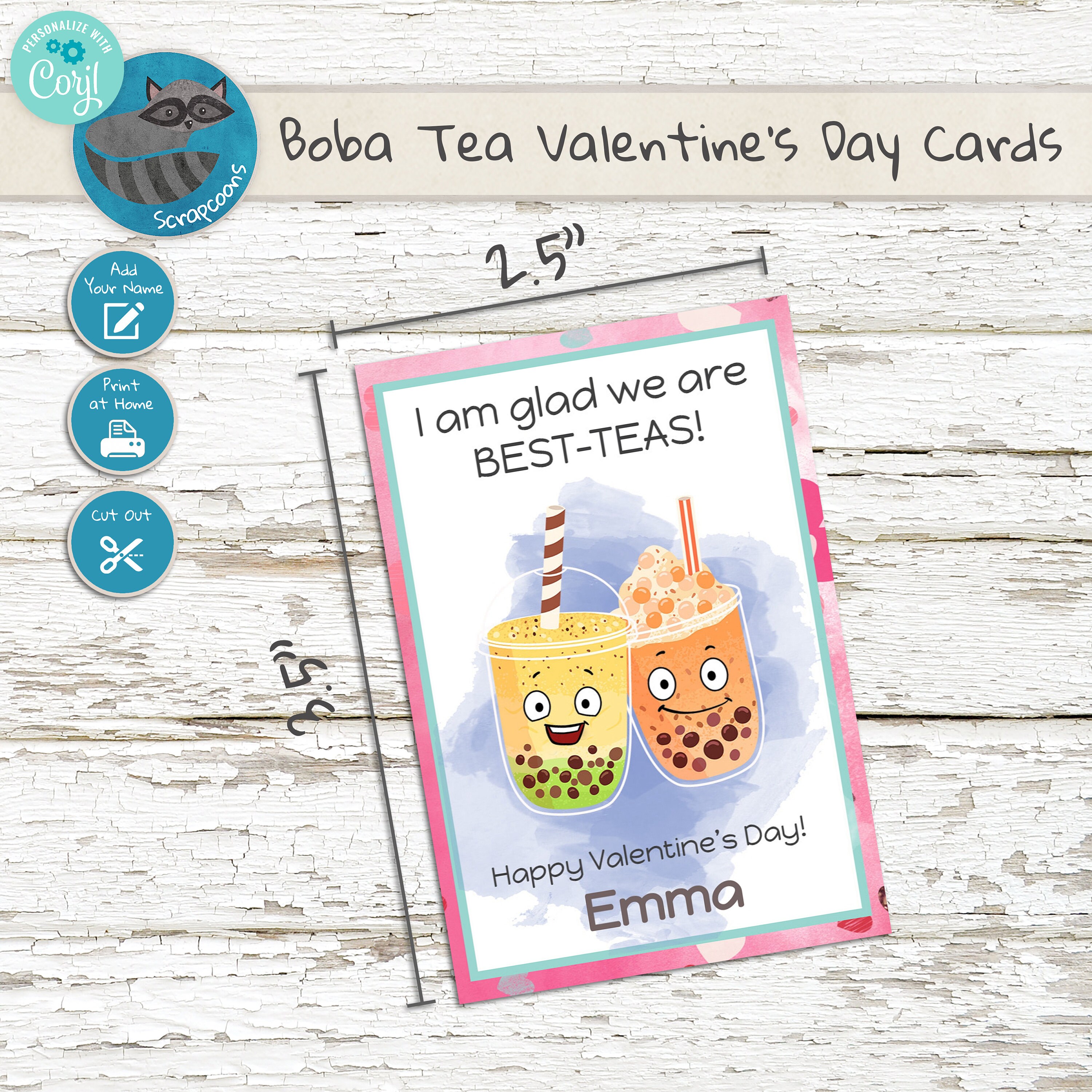 Boba Valentine's Day Cards - Instant Digital Download, Personalize With ...
