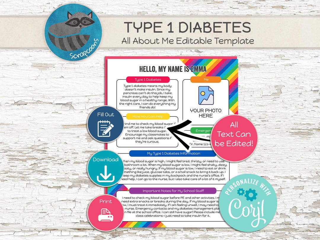 Type 1 Diabetes School Info Sheet for Kids | Editable Care Form ...