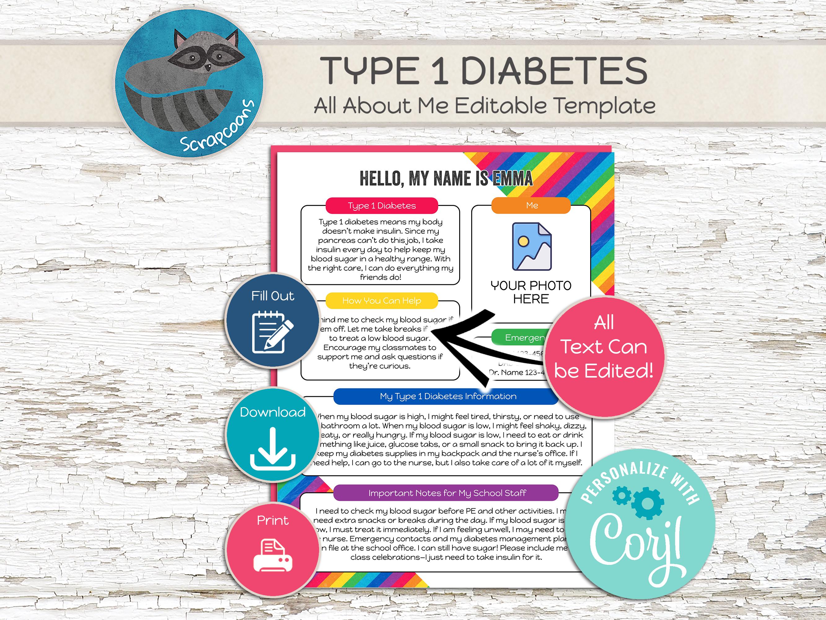 Type 1 Diabetes School Info Sheet for Kids | Editable Care Form ...