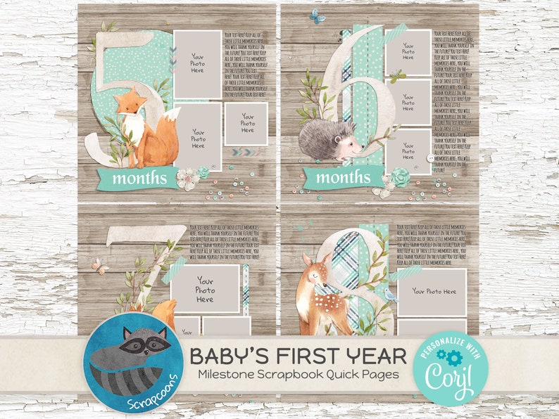 Baby's 1st Year Scrapbook Pages - Monthly Templates for DIY Baby Memory ...