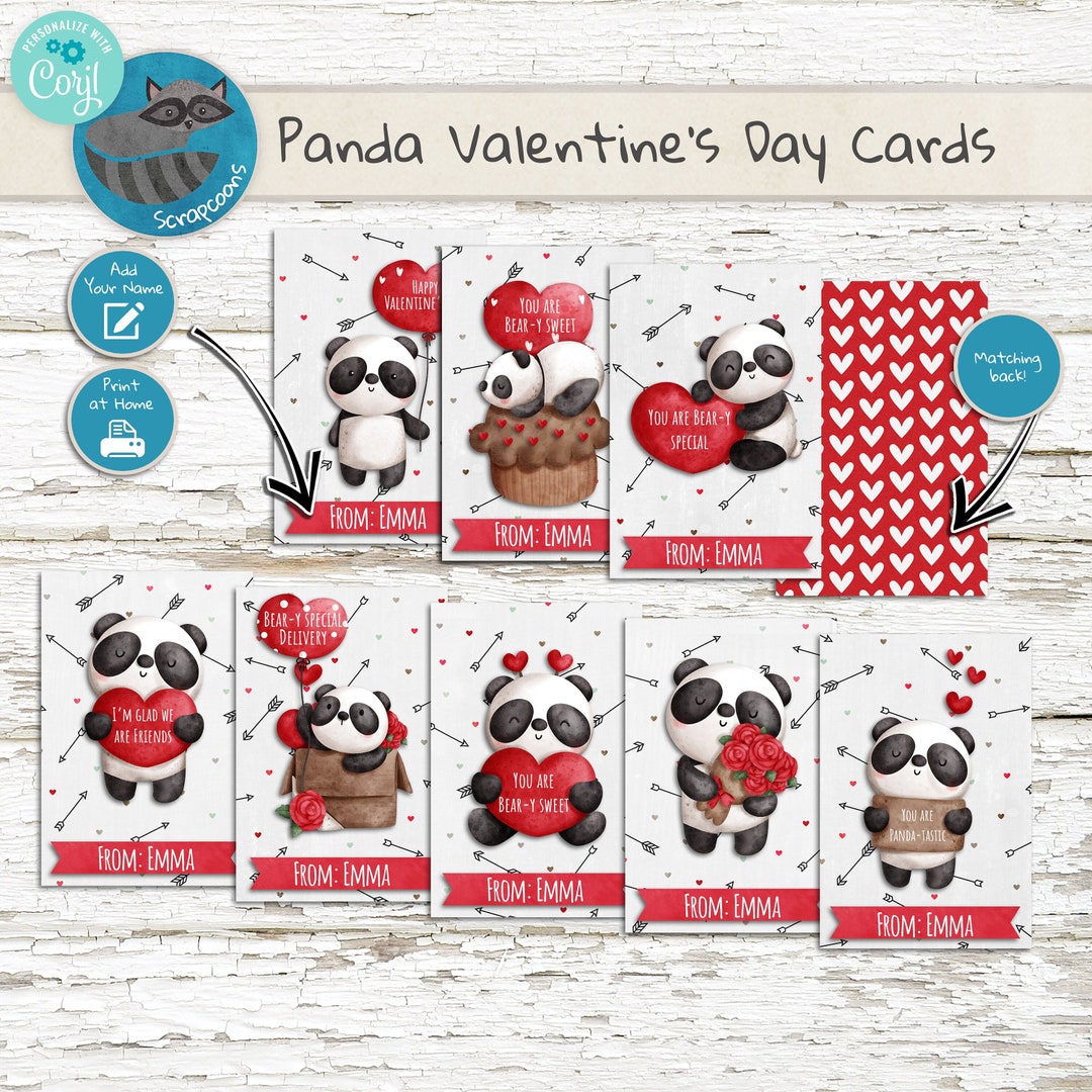 Panda Valentine's Day Cards Print at Home Digital - Etsy