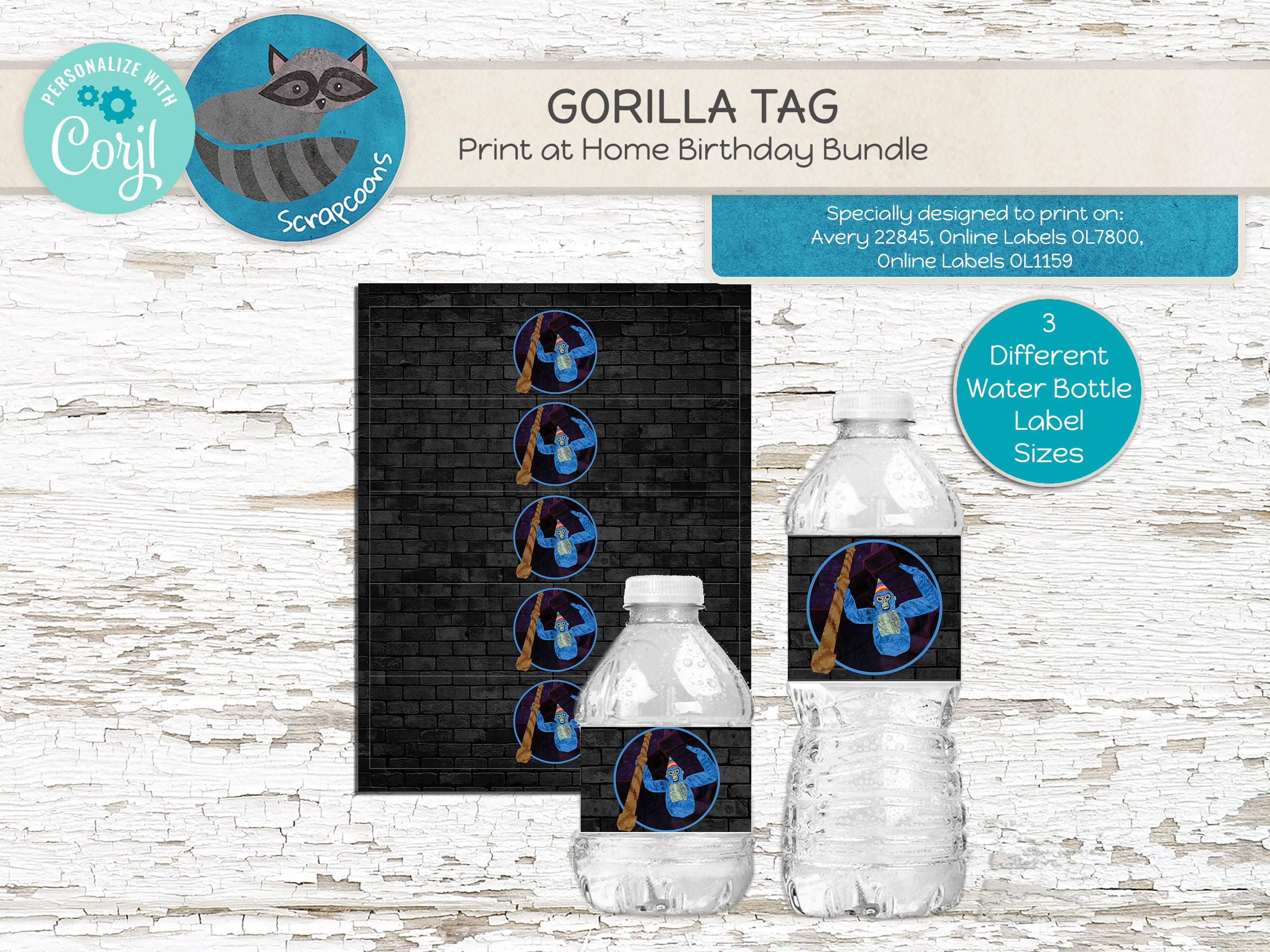 Gorilla Tag Birthday Bundle - Print at Home Invite, Water Bottle Labels ...