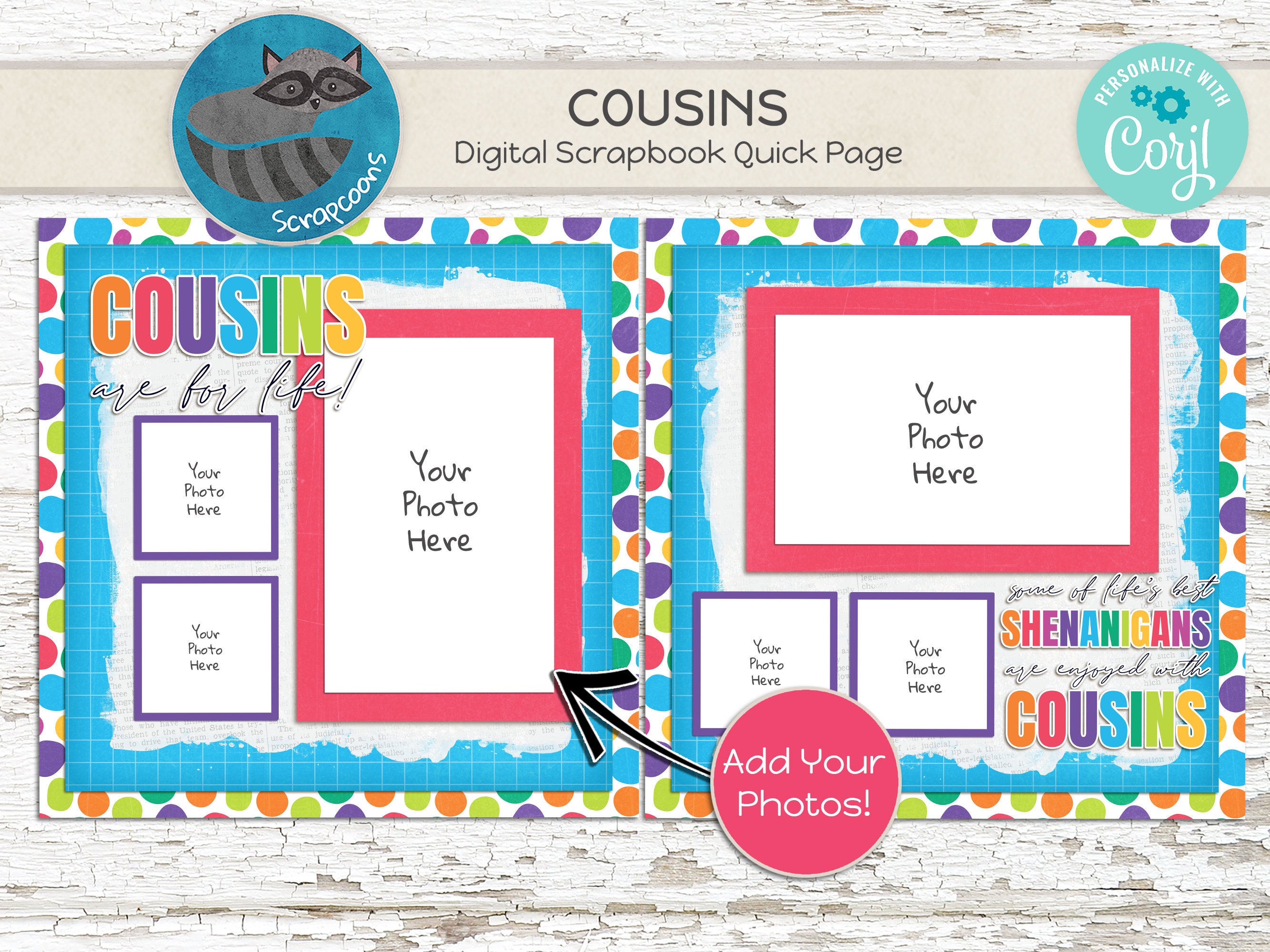 Family Fun Colorful Cousins Themed 12x12 Double Page Digital Scrapbook ...