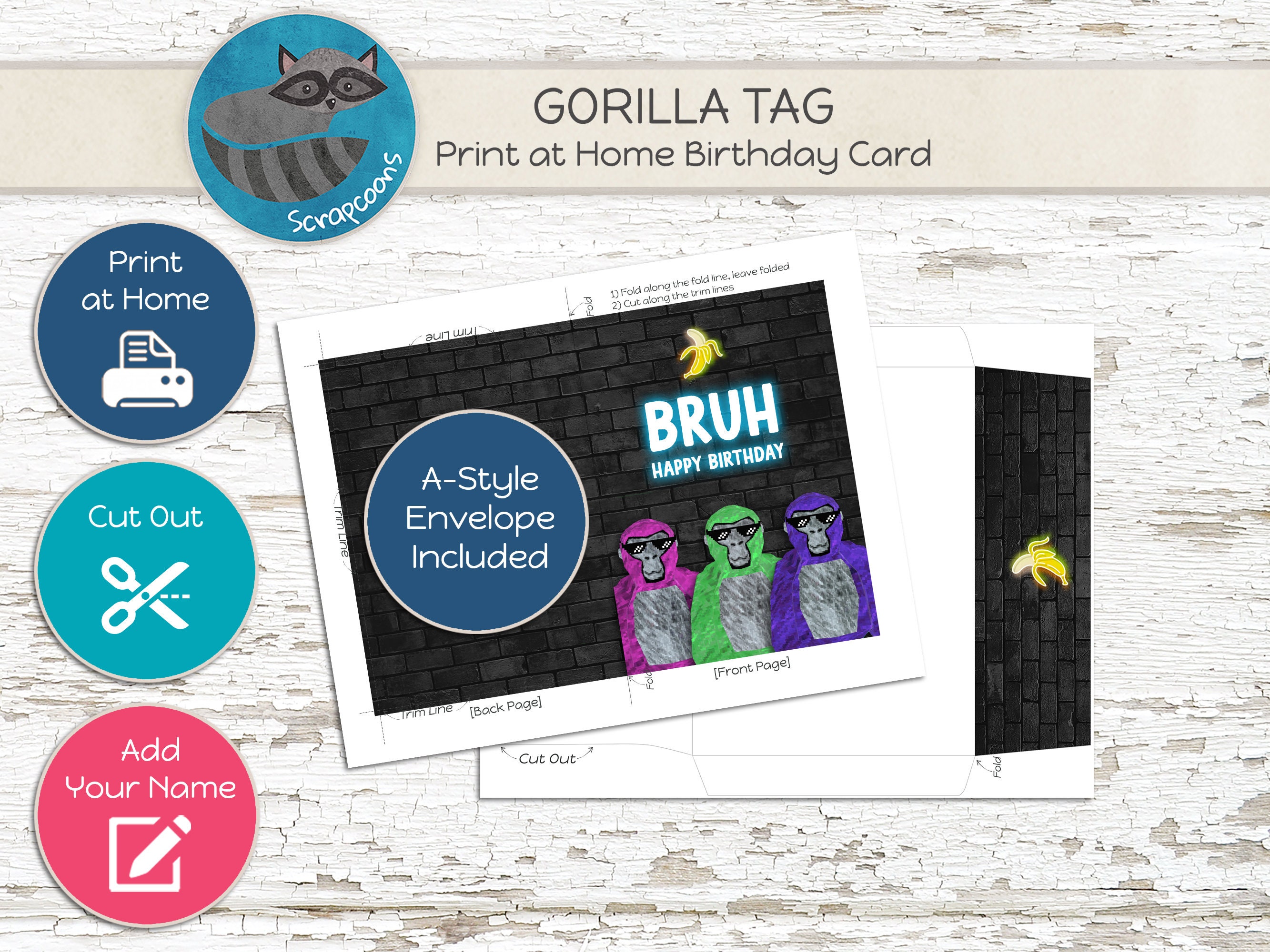 Gorilla Tag Birthday Card With Envelope, Print at Home Card - Etsy
