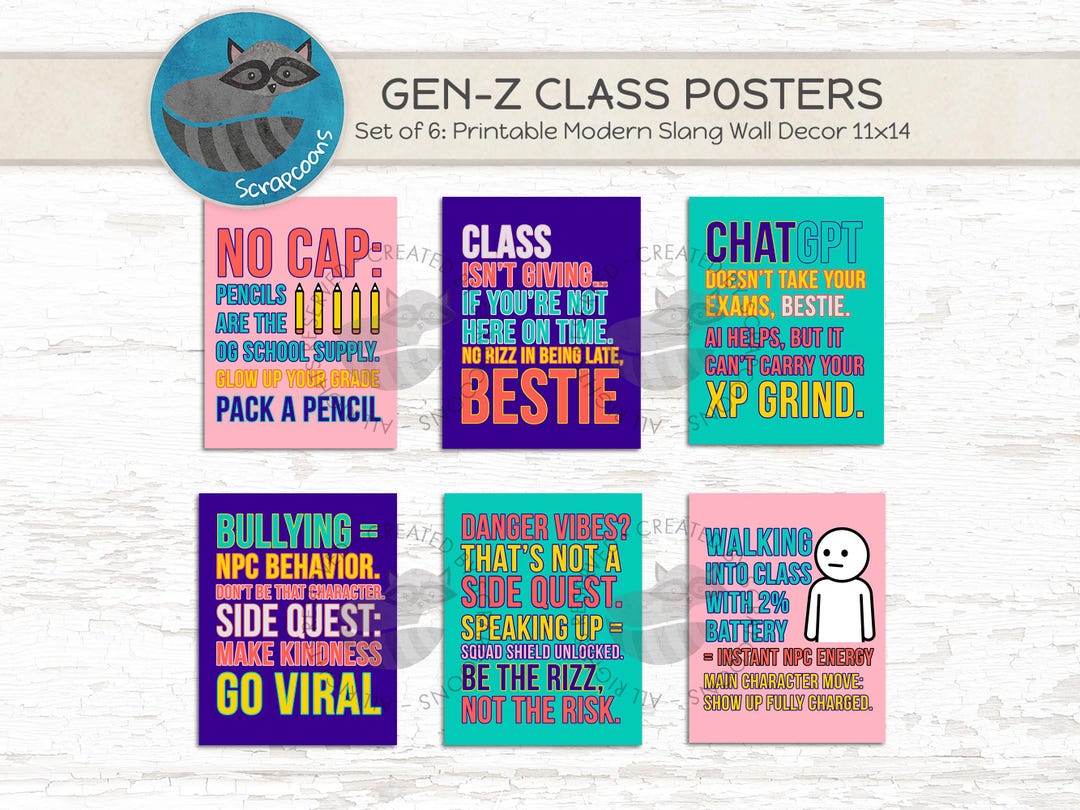 Gen Z Classroom Posters Set of 6: Funny Modern Slang Wall Decor 11x14 ...