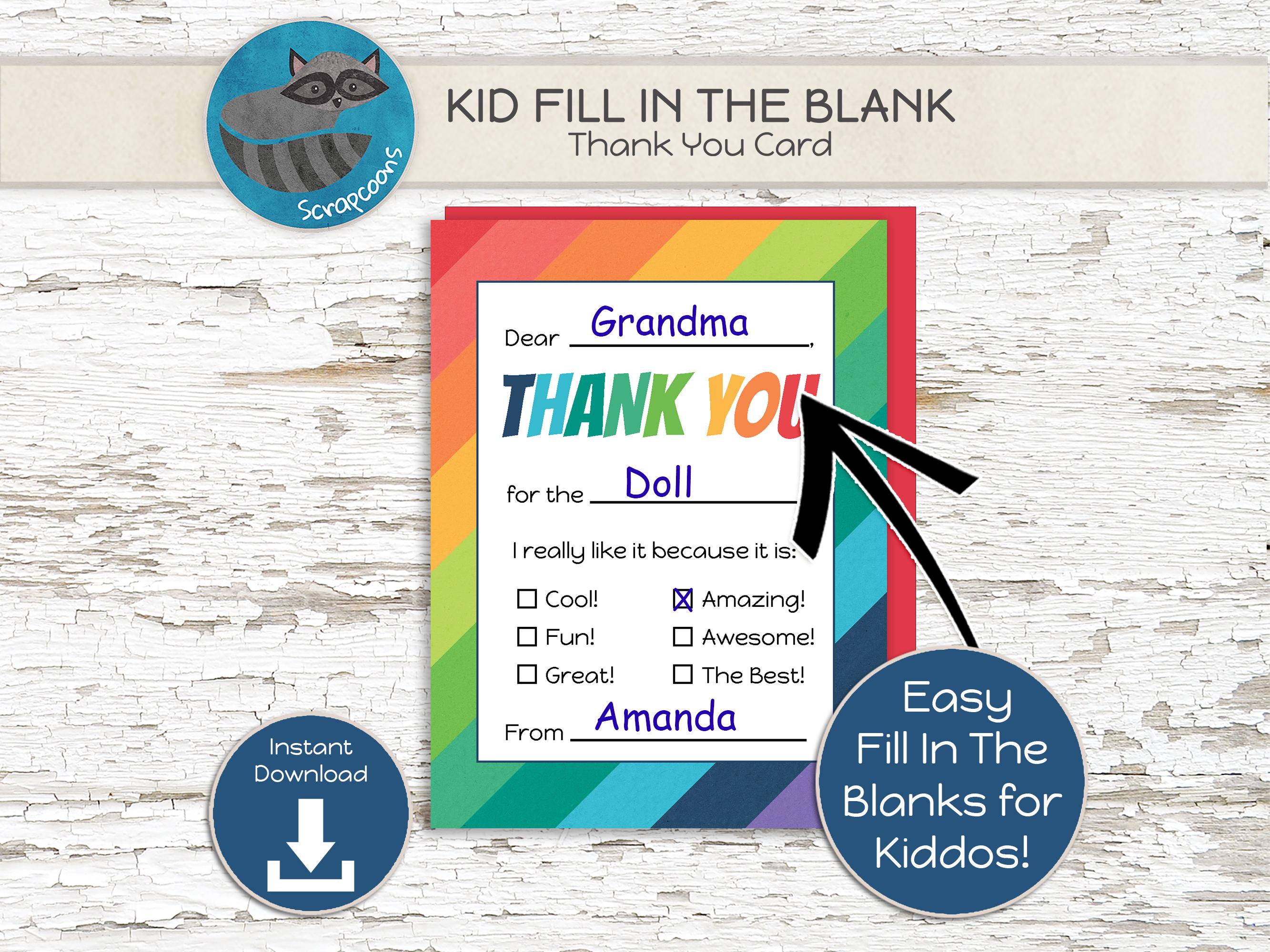 Kid Fill‑in Thank You Card — Printable Instant Download - Etsy