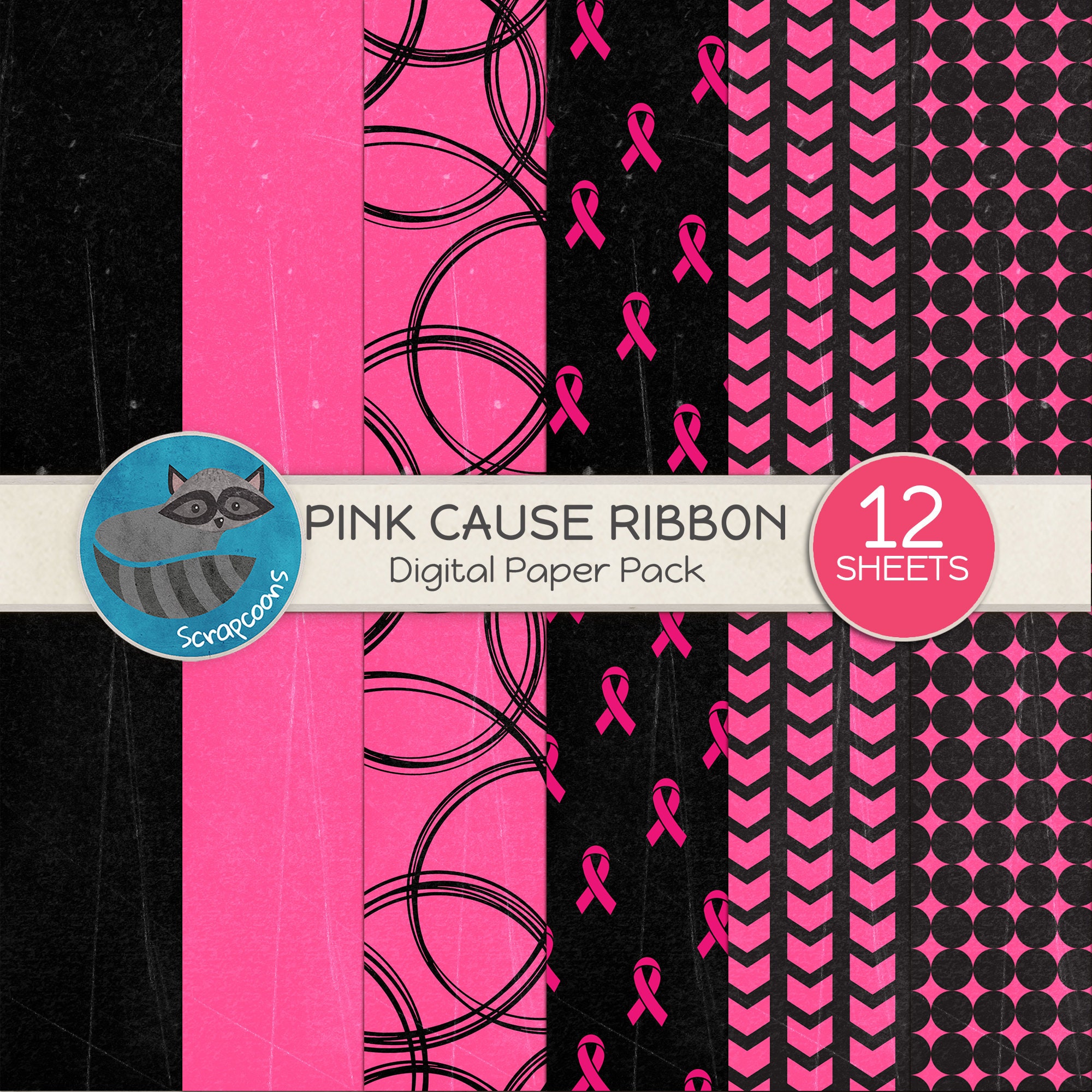 Pink Cause Ribbon Digital Paper Pack - 12 Unique Designs for ...