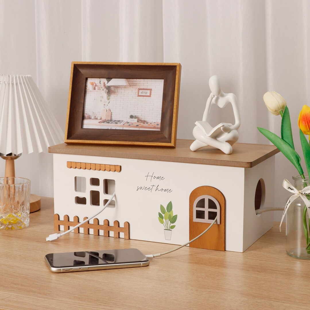 Wooden Cable Storage Box, Charger Wire Socket Organizer, Cable ...