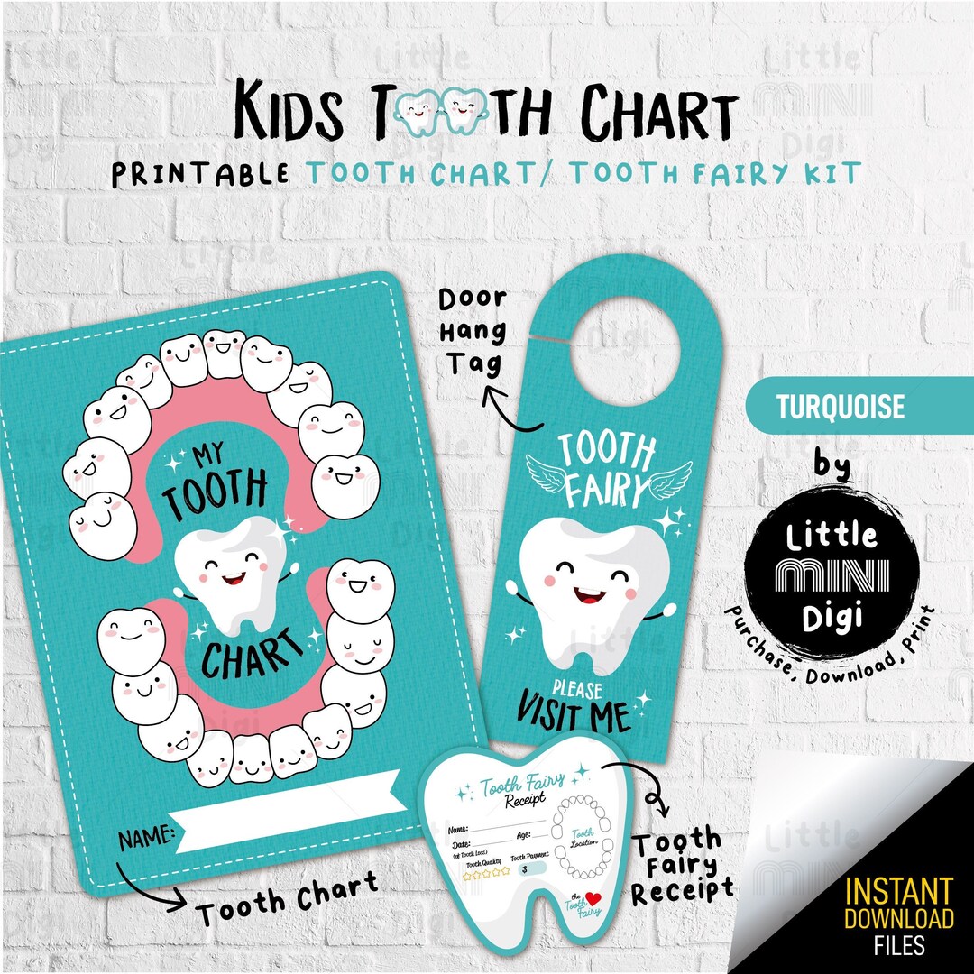 Printable Kids Turquoise Tooth Fairy Kit, Tooth Chart, Tooth Fairy ...