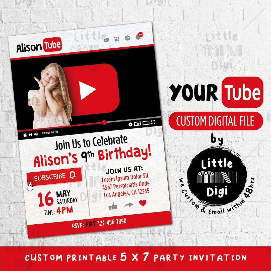 Youtube Social Media Theme Birthday Invitation, Printable Online Social ...