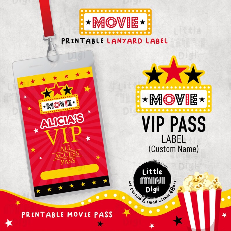 CUSTOM Movie VIP Pass Labels, Movie Pass Lanyard Labels, Printable ...
